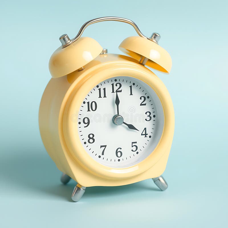 A Small Decorative Clock in Pastel Yellow on a Soft Blue Backdrop Stock ...