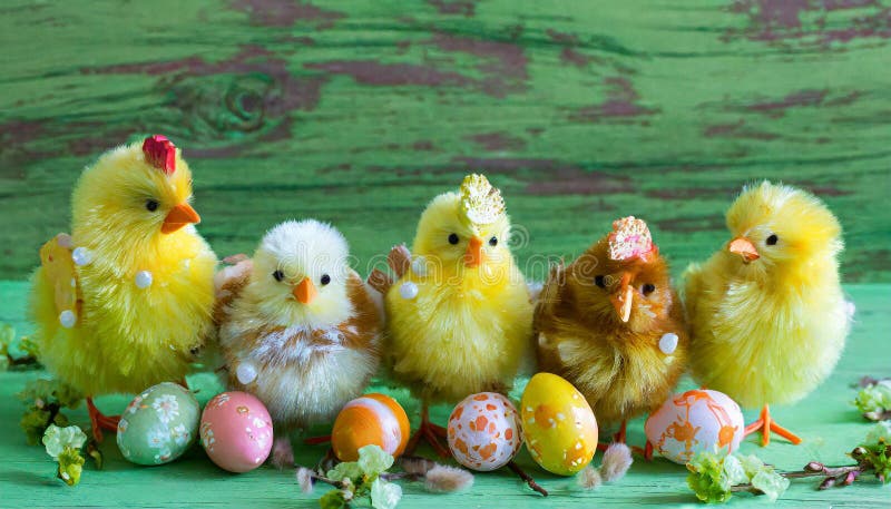 Small Decorative Easter Chickens and Eggs in a Row on Green Background Stock Illustration ...