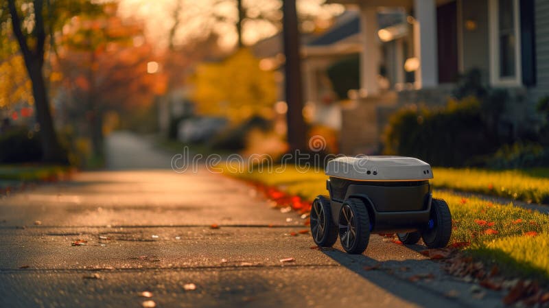 A Small Delivery Robot is Sitting on the Side of a Street, AI Stock ...