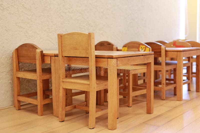 Small Desk and Chairs for Kid in Student Classroom Stock Image - Image ...