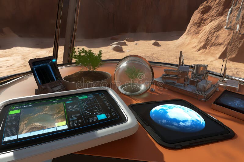 A Small Desk Inside a Martian Habitat with a Panoramic View of the Red ...
