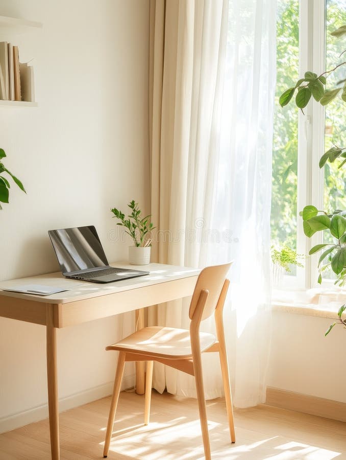 Small Desk Setup with a Laptop, Notebook, and Plant, Bright Light ...