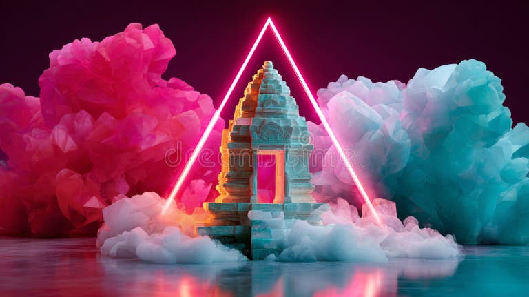 Small Detailed Stone Temple with Neon Triangle Hovering in Colored ...