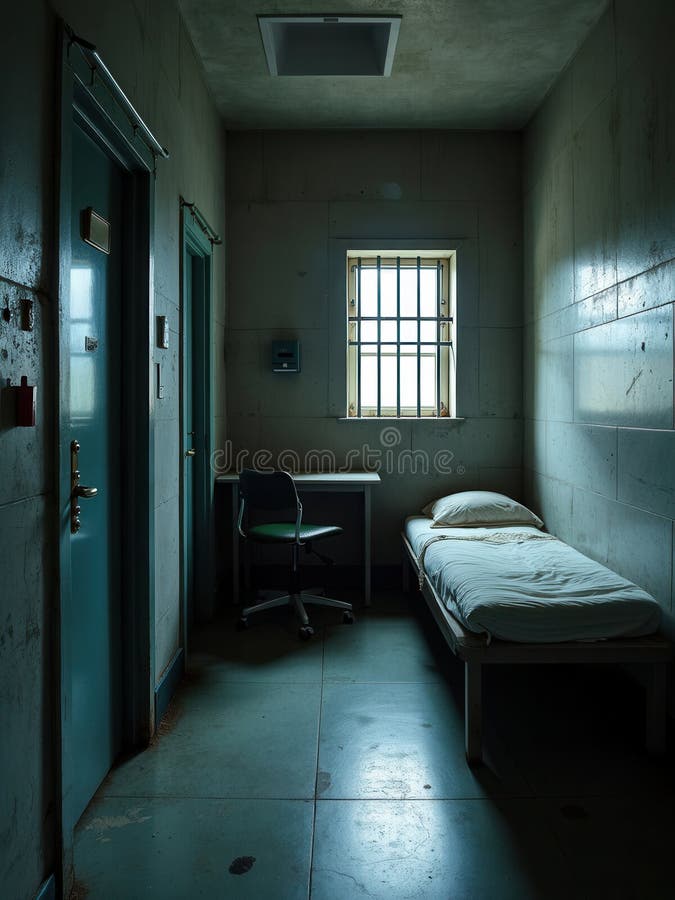 A Small, Dimly Lit Prison Cell with a Single Bed, Desk, and Barred ...