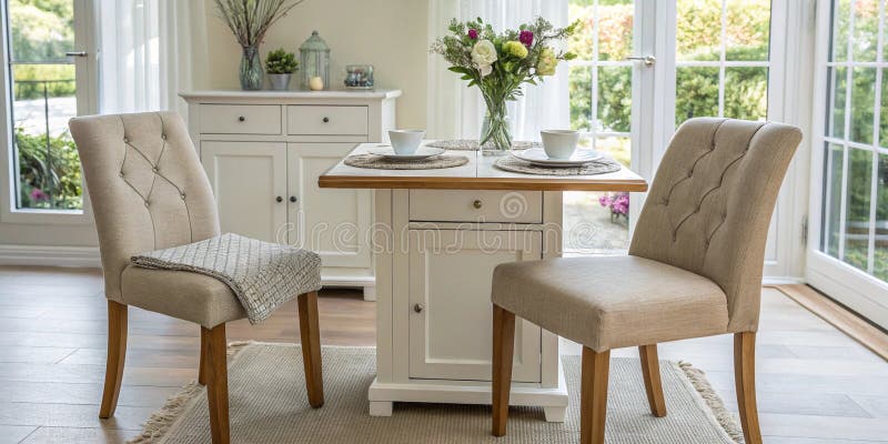 Small Dining Table with Two Upholstered Chairs and a White Cabinet in a ...