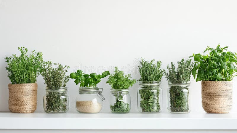 A Small Display of Fresh Herbs in Glass Jars on a Clean White Counter ...
