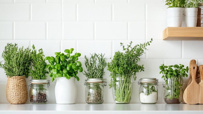 A Small Display of Fresh Herbs in Glass Jars on a Clean White Counter ...
