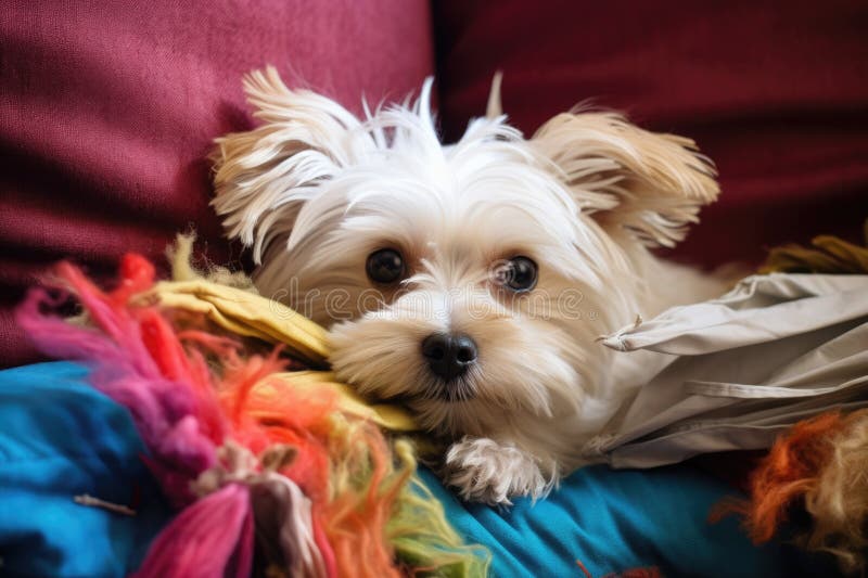 A Small Dog Amid a Torn Pillow, Feathers Stuck on Its Snout Stock Image ...