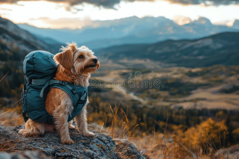 Small Dog in Backpack Overlooking Scenic Valley during Hike, Enjoying ...
