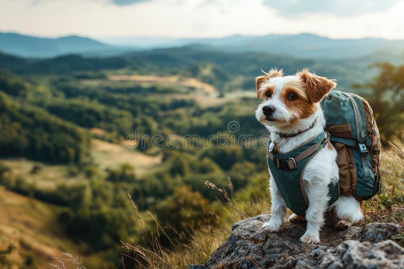 Small Dog Backpack Overlooking Scenic Valley Hike Enjoying Nature Stock ...