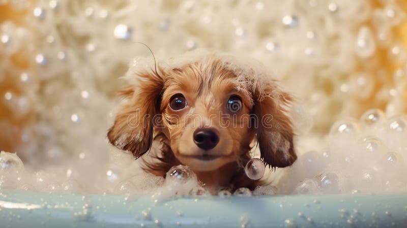 Small Dog Being Washed in Bath Tube Full of Foam. Generative AI Stock ...