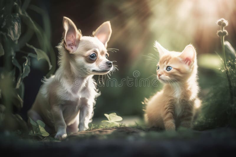 A Small Dog and a Small Cat Standing in the Grass Stock Illustration ...