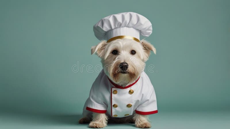 Small Dog in Chef Outfit with Red Apron and White Hat on Aqua ...