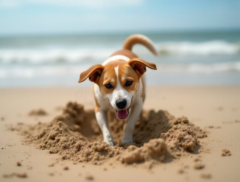 Happy Dog Digging Hole in Sand at Beach Stock Illustration ...