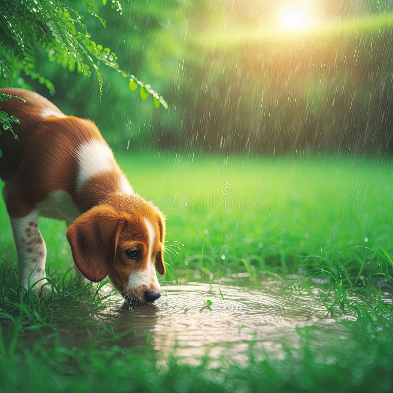 A Small Dog Drinks Water from a Puddle in the Rain. Stock Illustration ...