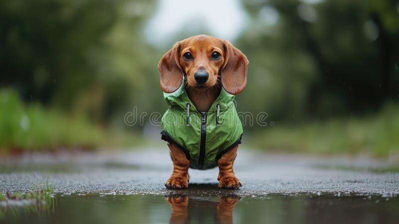 Small Dog Green Raincoat Standing Puddle Stock Photos - Free & Royalty ...
