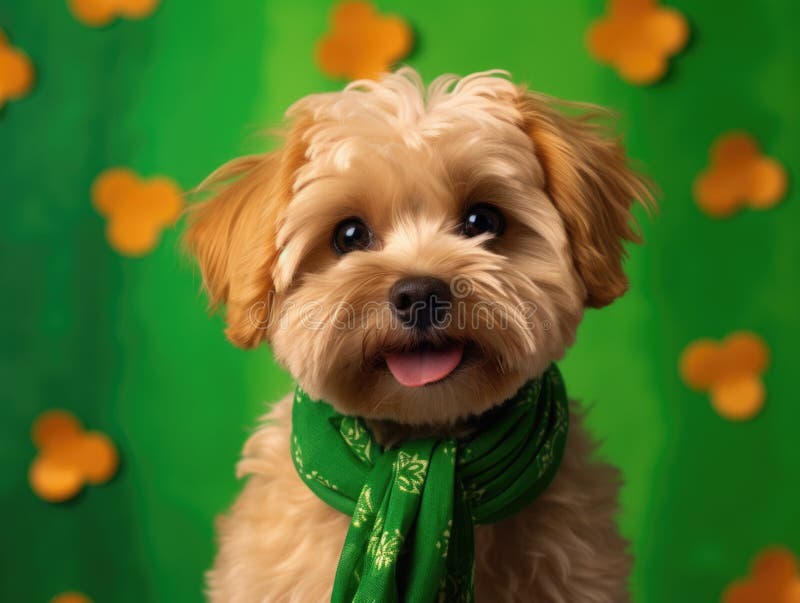 Small Dog with Green Scarf on Green Background Stock Image - Image of ...