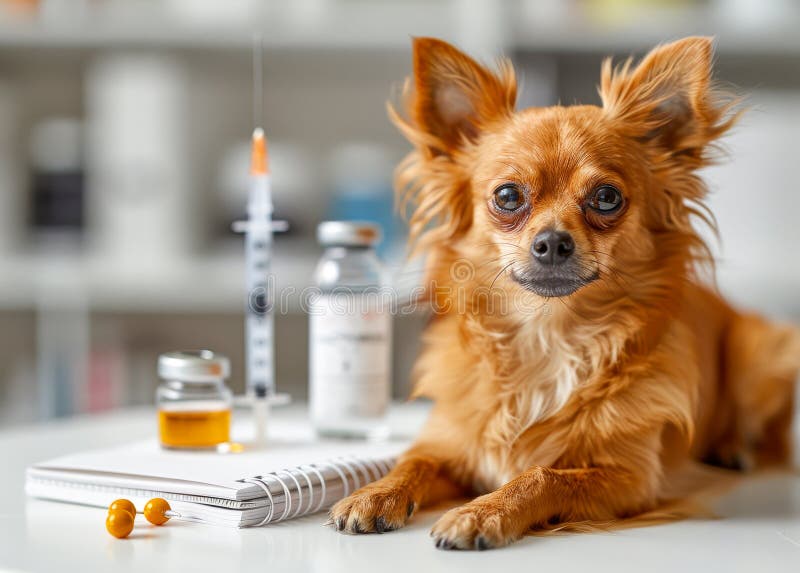 A Small Dog Lays on a Table with a Bottle of Medicine and a Syringe ...