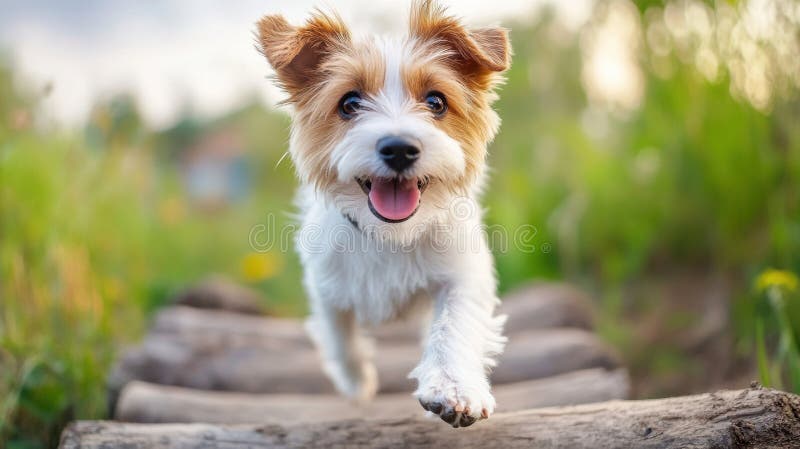 A Small Dog Running on a Log with Its Tongue Out, AI Stock Photo ...
