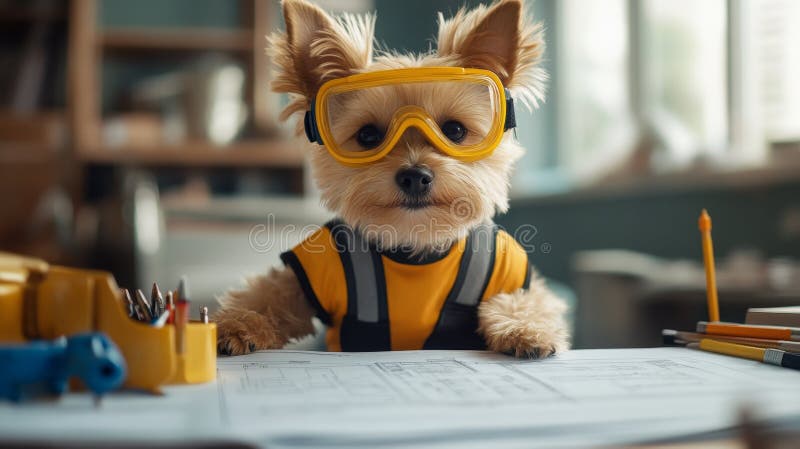 Small Dog in Safety Gear at Workbench Stock Illustration - Illustration ...