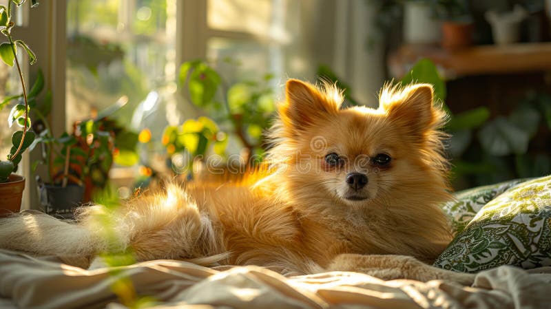 A Small Dog is Sitting on a Bed Stock Photo - Image of plant, sitting ...