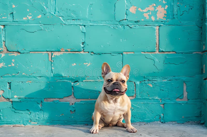 A Small Dog Sitting in Front of a Blue Brick Wall. Generative AI Stock ...