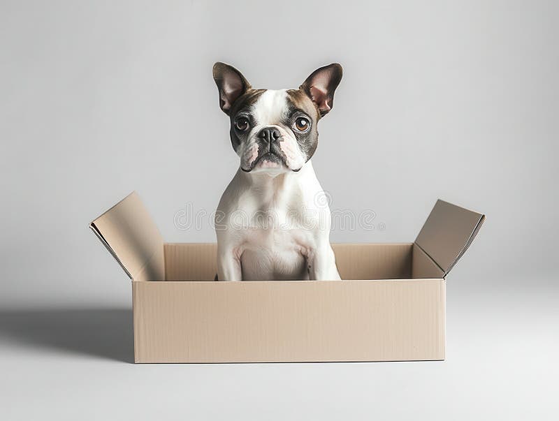 Small Dog Sitting Inside a Cardboard Box with a Curious Expression ...