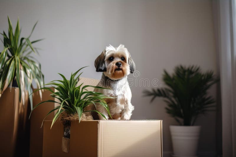 A Small Dog Sitting on Top of a Box Next To a Plant Stock Illustration ...