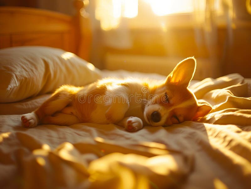 A Small Dog Sleeping on a Bed in the Sun Stock Image - Image of sleep ...