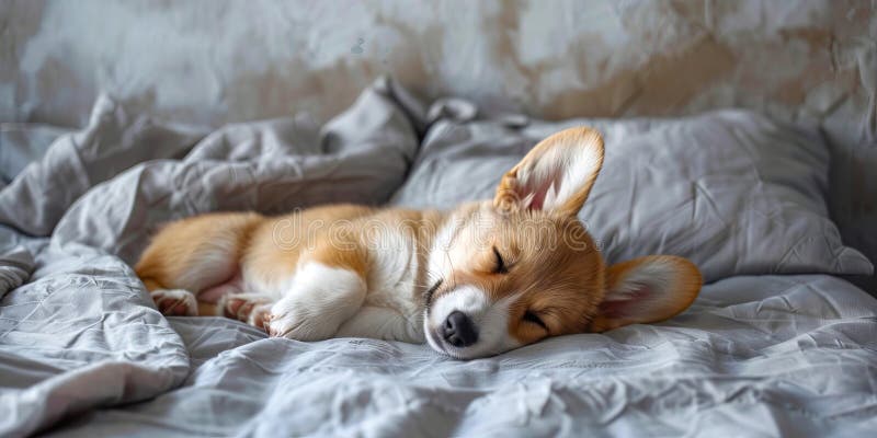 A Small Dog Sleeping on a Bed with a White Sheet Stock Image - Image of ...