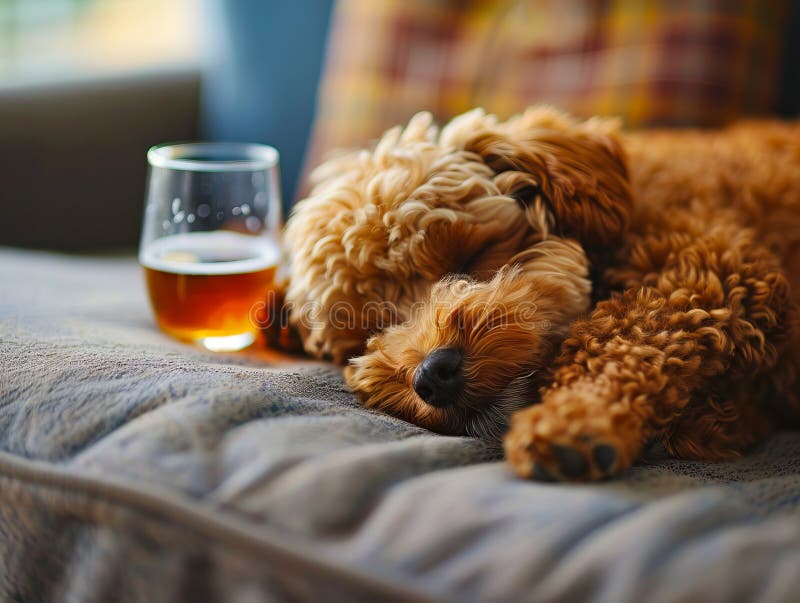 A Small Dog Sleeping on a Couch with a Glass of Beer Stock Photo ...