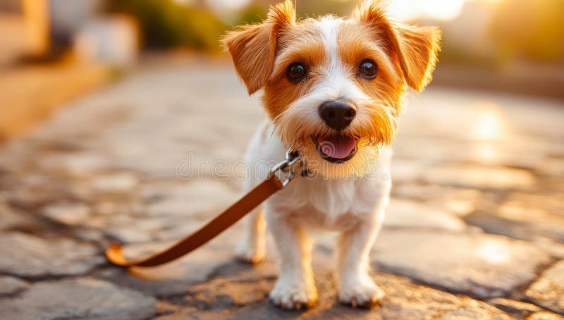 A Small Dog is Standing on a Brick Sidewalk with a Leash Stock Photo ...