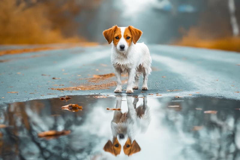 A Small Dog Standing in a Puddle of Water. Generative AI Stock Photo ...
