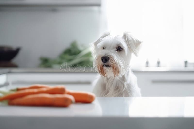 Small Dog Suiting in Front of Kitchen Counter with Raw Carrots ...