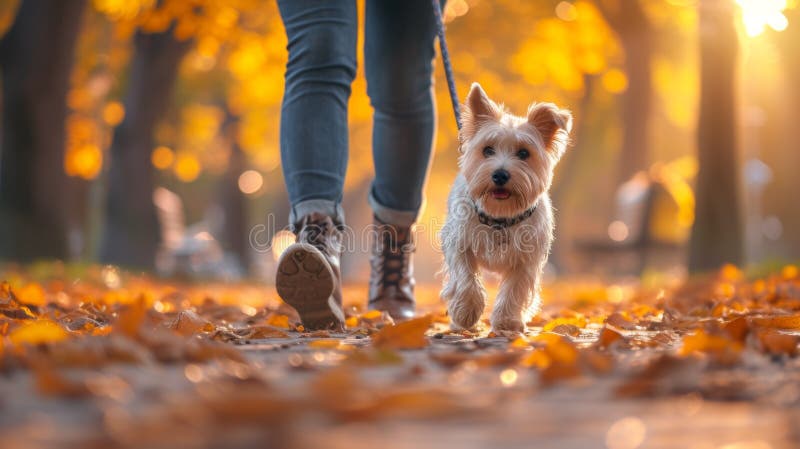 A Small Dog Walking on a Leash in the Fall Leaves, AI Stock Image ...