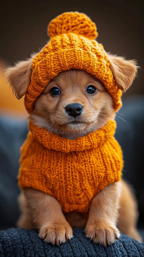 A Small Dog Wearing a Knitted Orange Hat and Scarf Stock Image - Image ...