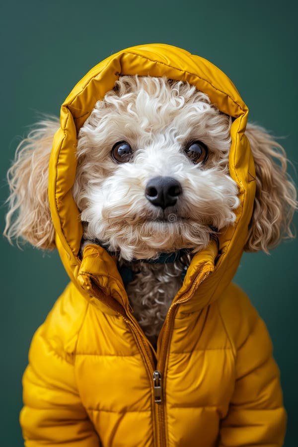 A Small Dog Wearing a Yellow Jacket with a Hood Stock Image - Image of ...