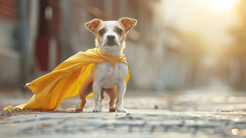 Small Dog with a Yellow Cape in an Urban Setting with a Sunrise ...