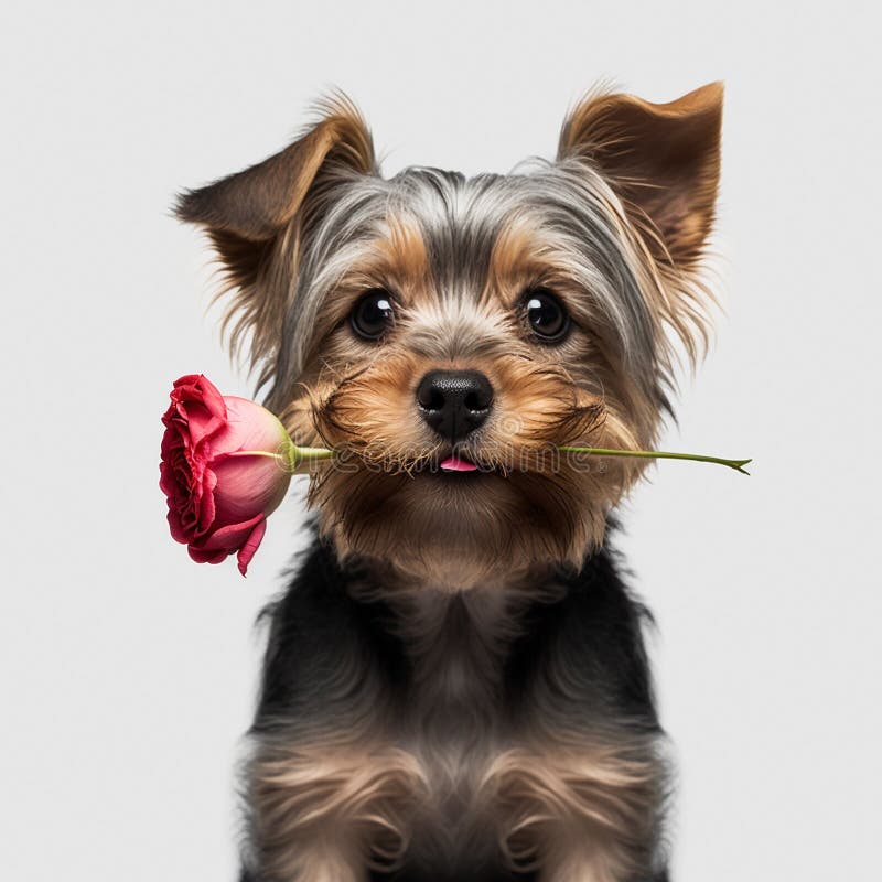 A Small Dog Yorkshire Terrier Holds a Red Rose in Its Mouth. Generative ...
