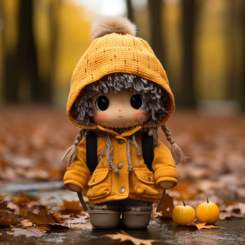 A Small Doll Wearing a Yellow Coat and Hat in the Fall Stock ...