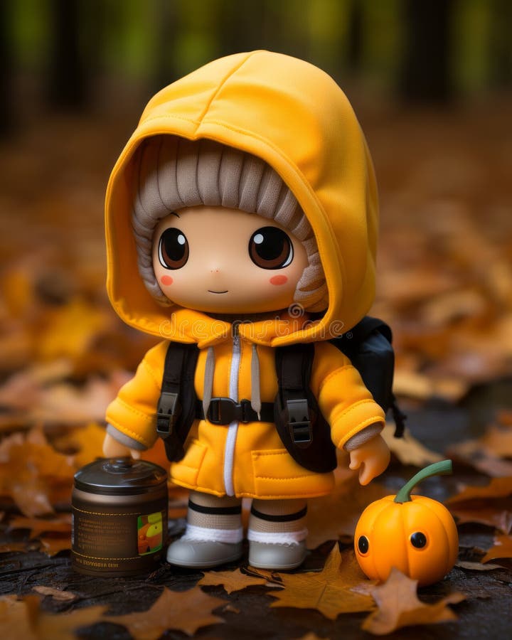 A Small Doll Wearing a Yellow Jacket and Holding a Pumpkin Stock ...