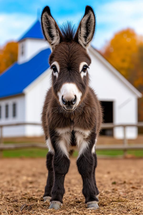 A Small Donkey Standing in Front of a White Barn Stock Photo - Image of ...