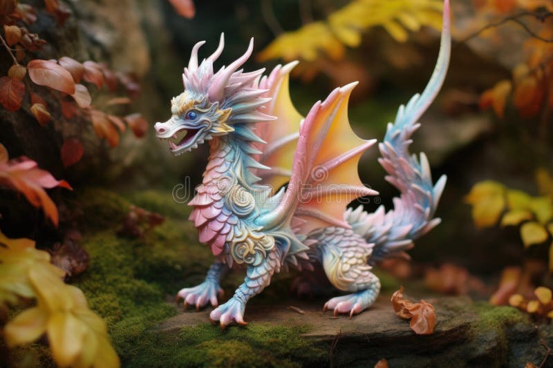 Small Dragon Figurine Set Against a Backdrop of a Painted Forest Stock ...