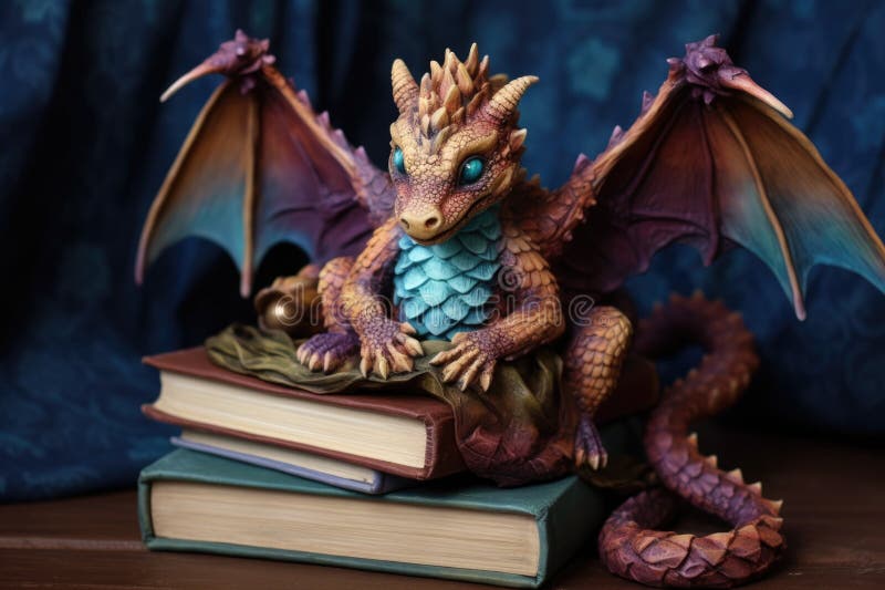 A Small Dragon Figurine on a Stack of Fantasy Books Stock Photo - Image ...