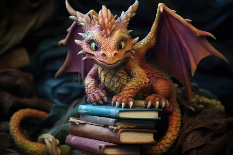 A Small Dragon Figurine on a Stack of Fantasy Books Stock Image - Image ...
