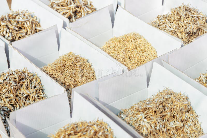 Small Dried Fish in Boxes at Fish Market Stock Image - Image of anchovy ...