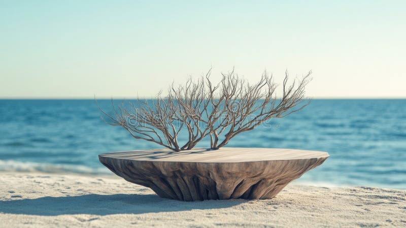 Small Dried Tree on Weathered Stone Against Ocean Background Stock ...