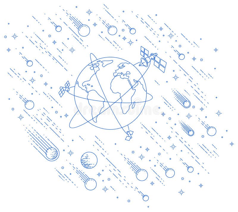 Small Earth in Endless Space Surrounded by Artificial Satellites Stock ...