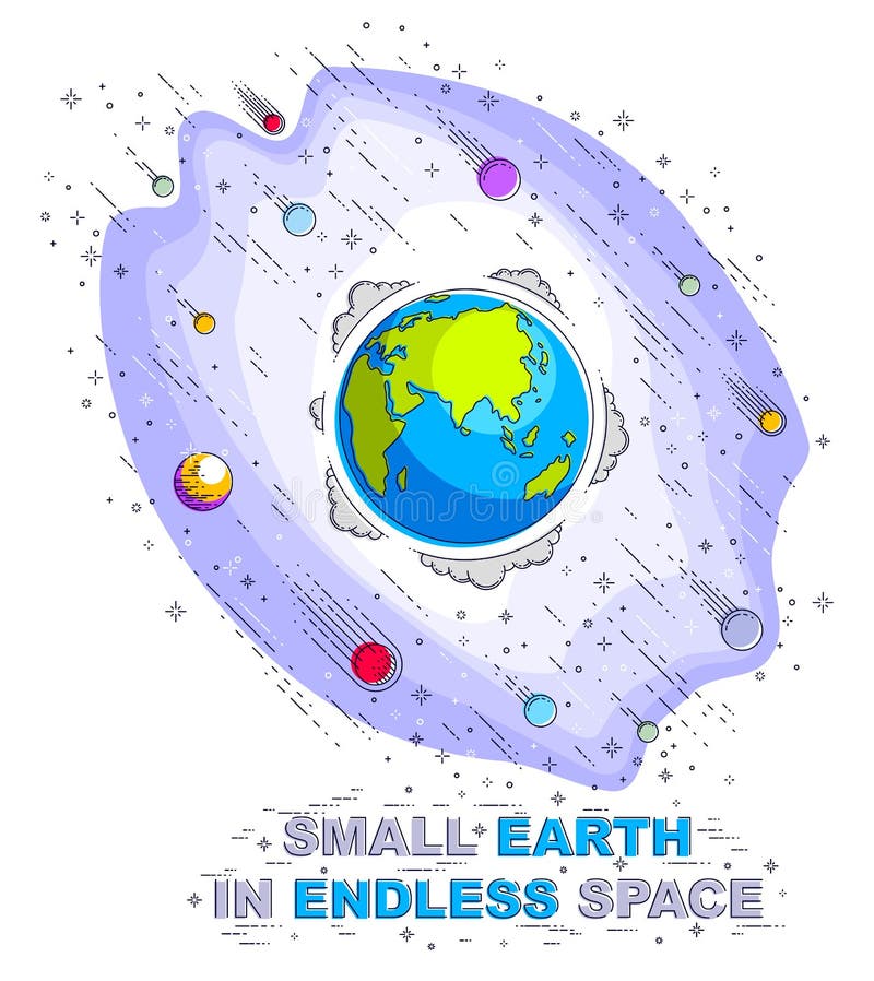 Small Earth in Endless Space Surrounded by Asteroids, Comets, Me Stock ...