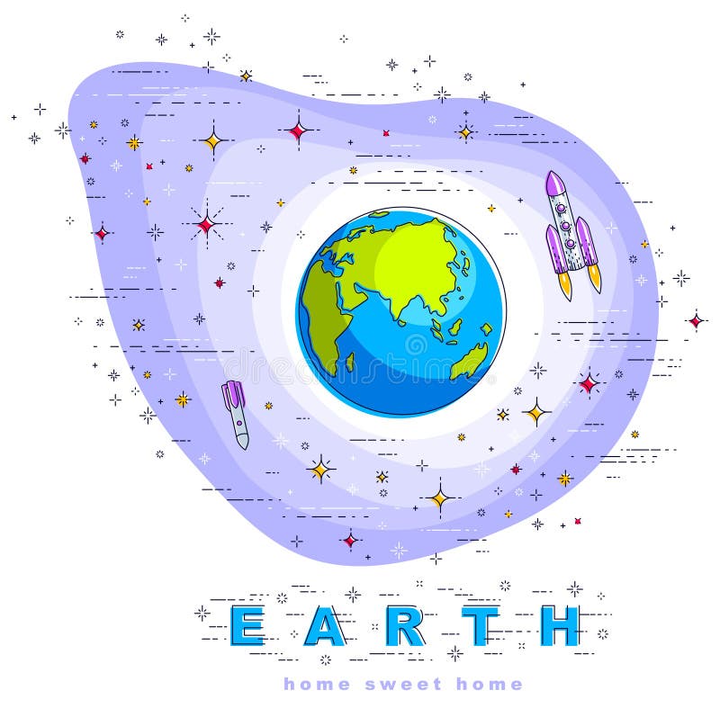 Small Earth in Endless Space Surrounded by Asteroids, Rockets, Meteors ...